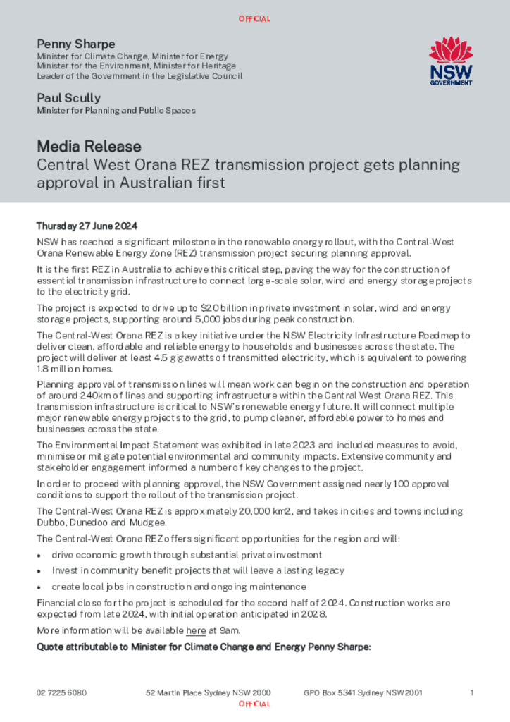 Media Release Central West Orana REZ transmission project gets planning approval in Australian ...